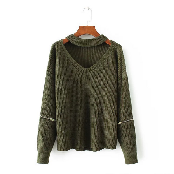 Loose V-Neck Zipper Sweater – wensoal