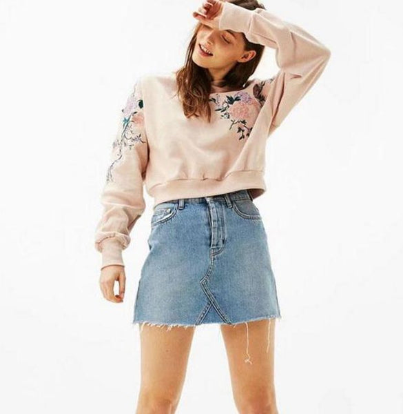 Women Fashion Embroidery Rose Flower Top Sweater Pullover Hoodie Pink ...